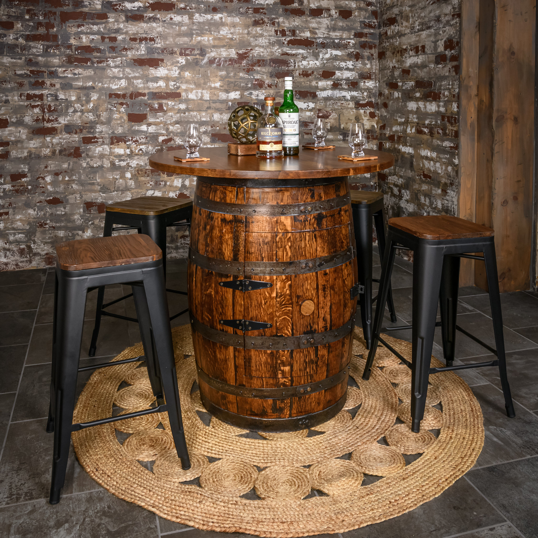 Mystic Barrels Whiskey Barrel Pub Table with 36" Solid Oak Top Handmade Rustic Bar Table Crafted ...